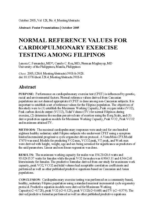 (PDF) Normal Reference Values for Cardiopulmonary Exercise Testing ...