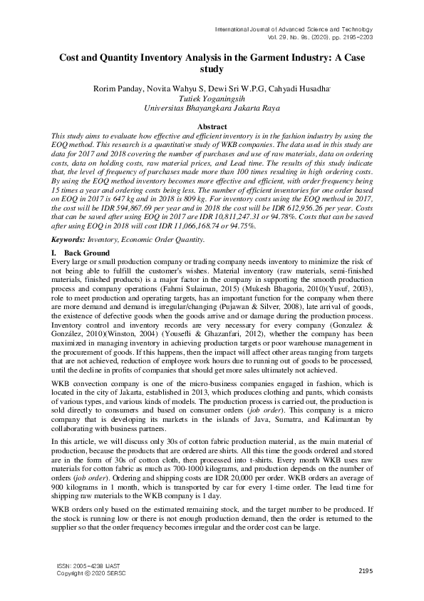 (PDF) Cost and Quantity Inventory Analysis in the Garment Industry: A ...