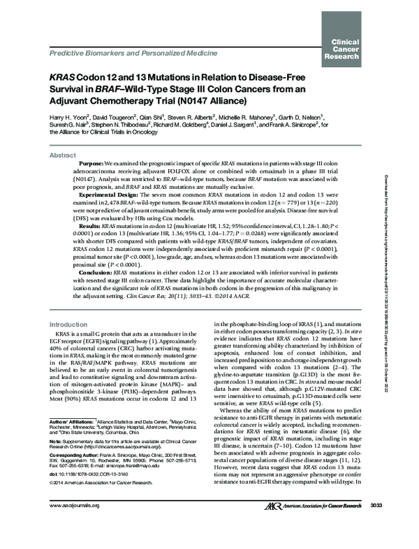 (PDF) KRAS Codon 12 and 13 Mutations in Relation to Disease-Free ...