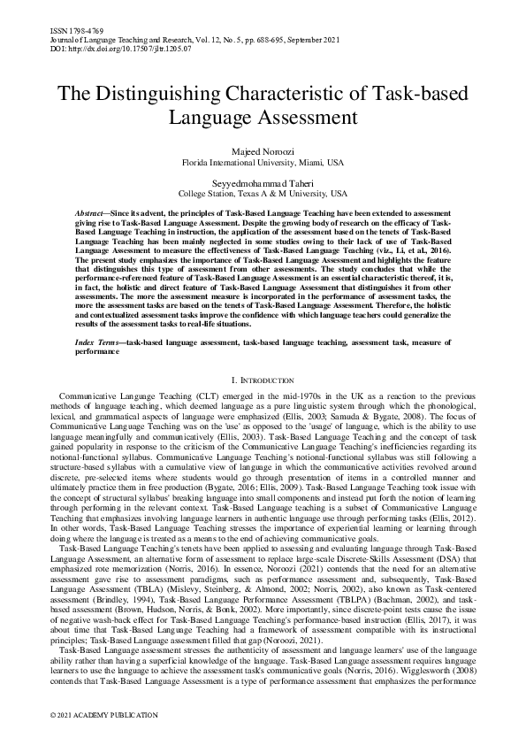 (PDF) The Distinguishing Characteristic of Task-based Language Assessment