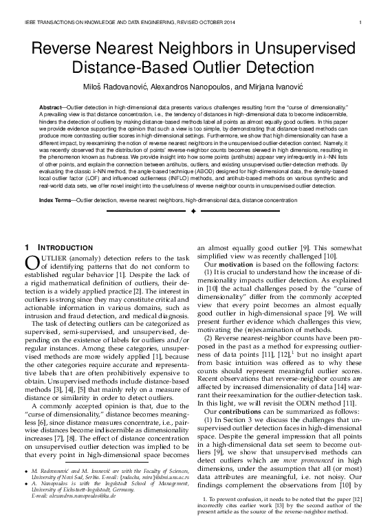 (PDF) Reverse Nearest Neighbors in Unsupervised Distance-Based Outlier Detection