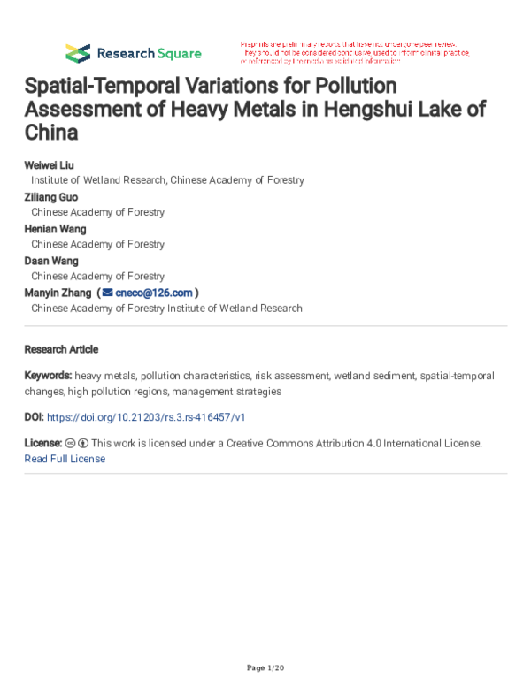 (PDF) Spatial-Temporal Variations for Pollution Assessment of Heavy Metals in Hengshui Lake of China