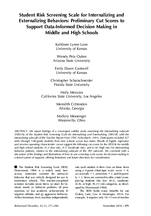 (PDF) Student Risk Screening Scale for Internalizing and Externalizing Behaviors: Preliminary ...