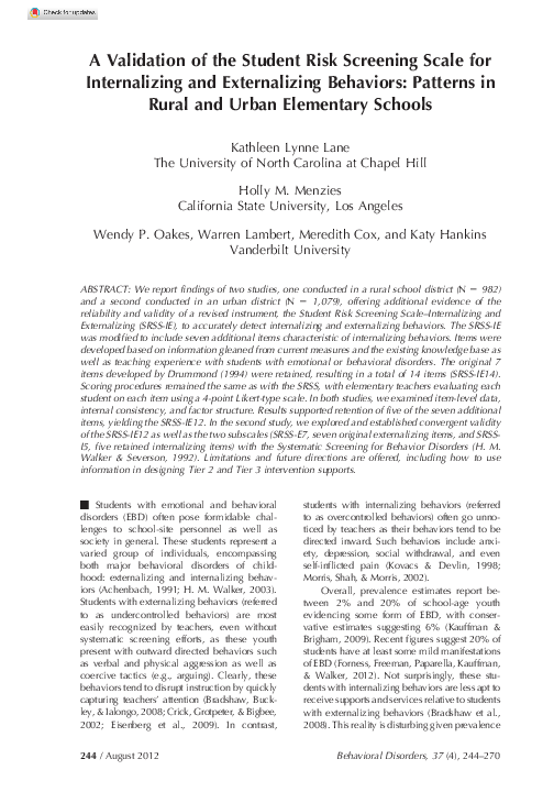 (PDF) A Validation of the Student Risk Screening Scale for Internalizing and Externalizing ...