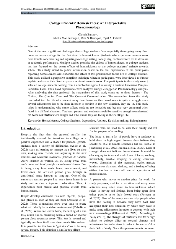 (PDF) College Students' Homesickness: An Interpretative Phenomenology