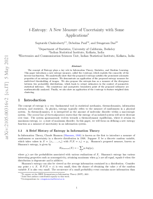 (PDF) $t$-Entropy: A New Measure of Uncertainty with Some Applications