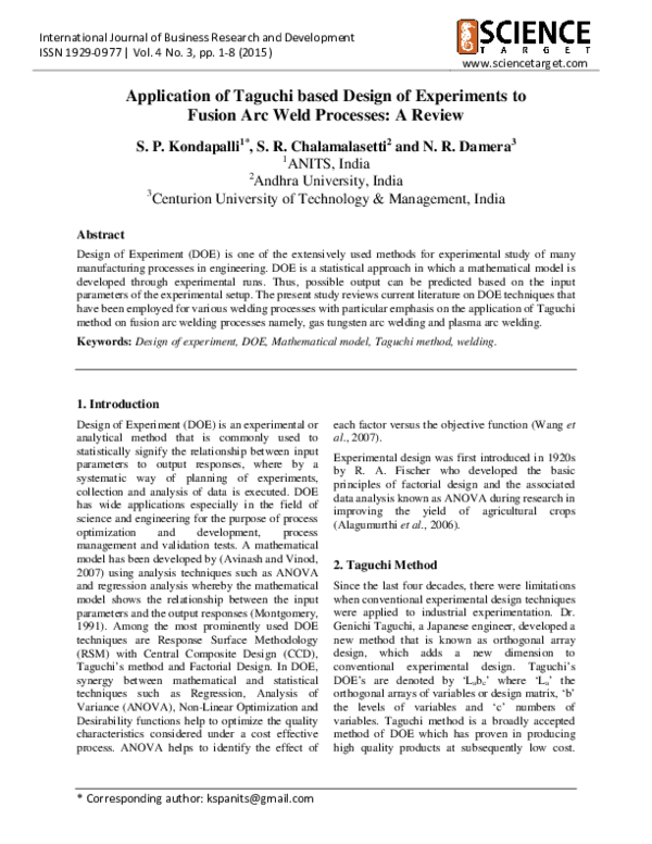 (PDF) Application of Taguchi based Design of Experiments to Fusion Arc Weld Processes: A Review