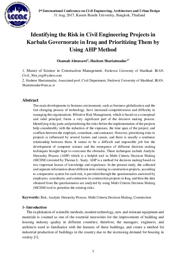 (PDF) Identifying the Risk in Civil Engineering Projects in Karbala ...