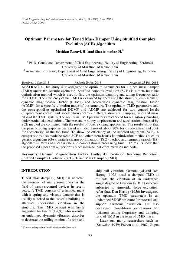 Pdf Optimum Parameters For Tuned Mass Damper Using Shuffled Complex Evolution Sce Algorithm 