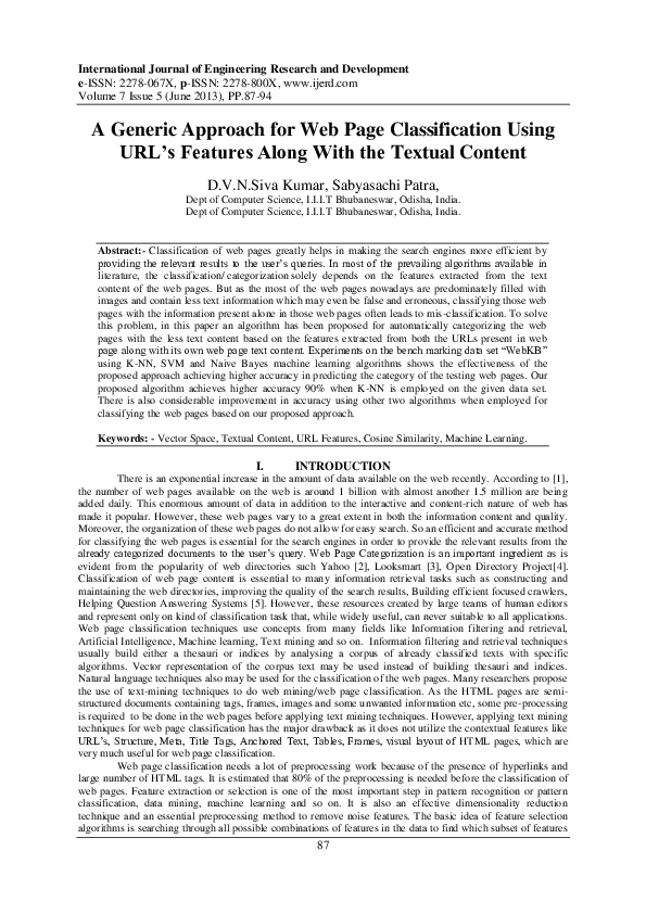 (PDF) A Generic Approach for Web Page Classification Using URL ’ s Features Along With the ...