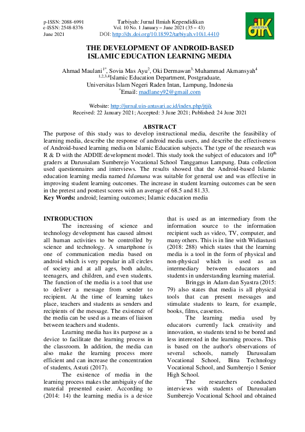 Pdf The Development Of Android Based Islamic Education Learning Media