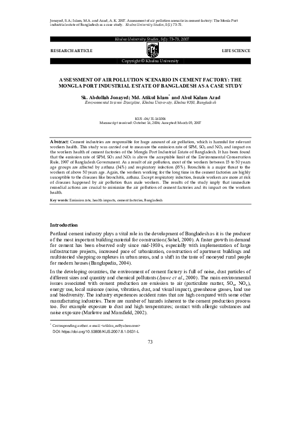 (PDF) Assessment of Air Pollution Scenario in Cement Factory: The ...