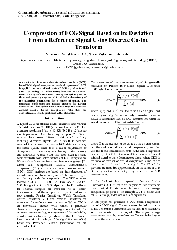Pdf Compression Of Ecg Signal Based On Its Deviation From A Reference Signal Using Discrete 