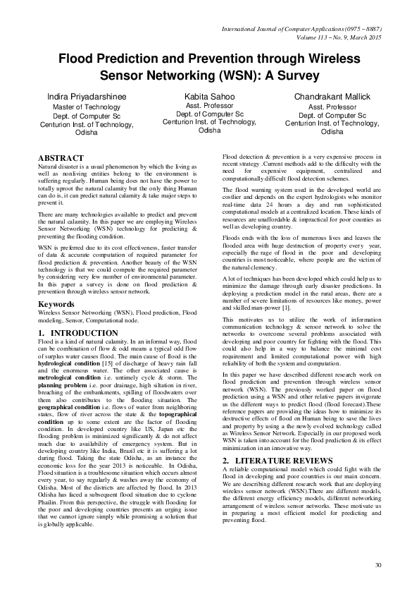 (PDF) Flood Prediction and Prevention through Wireless Sensor Networking (WSN): A Survey