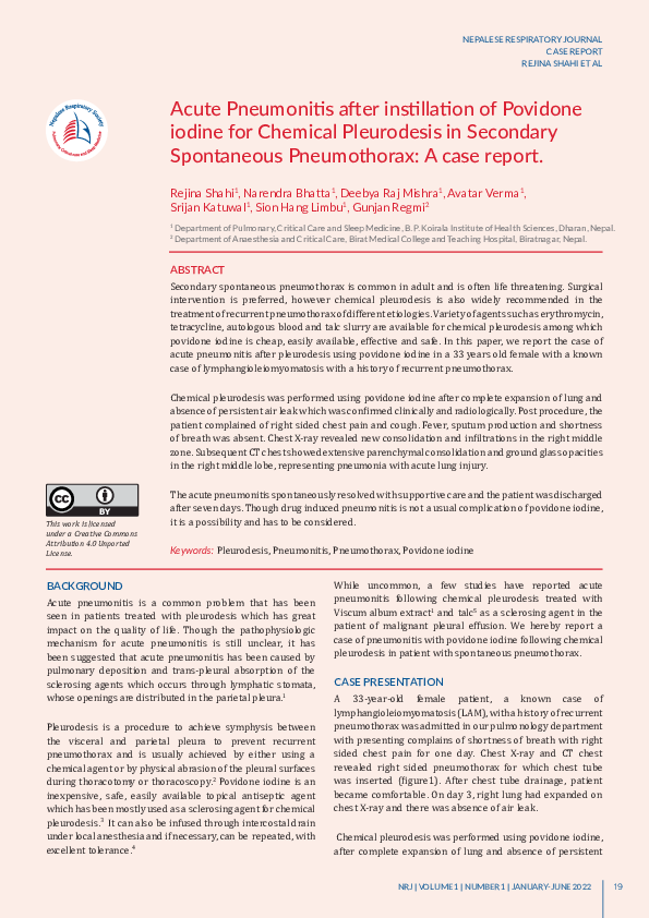 Pdf Acute Pneumonitis After Instillation Of Povidone Iodine For Chemical Pleurodesis In