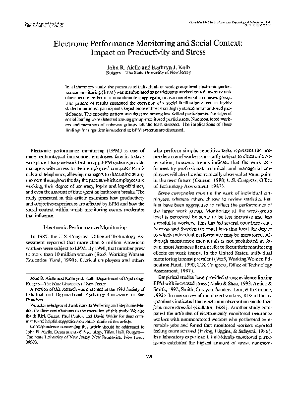 (PDF) Electronic performance monitoring and social context: Impact on ...