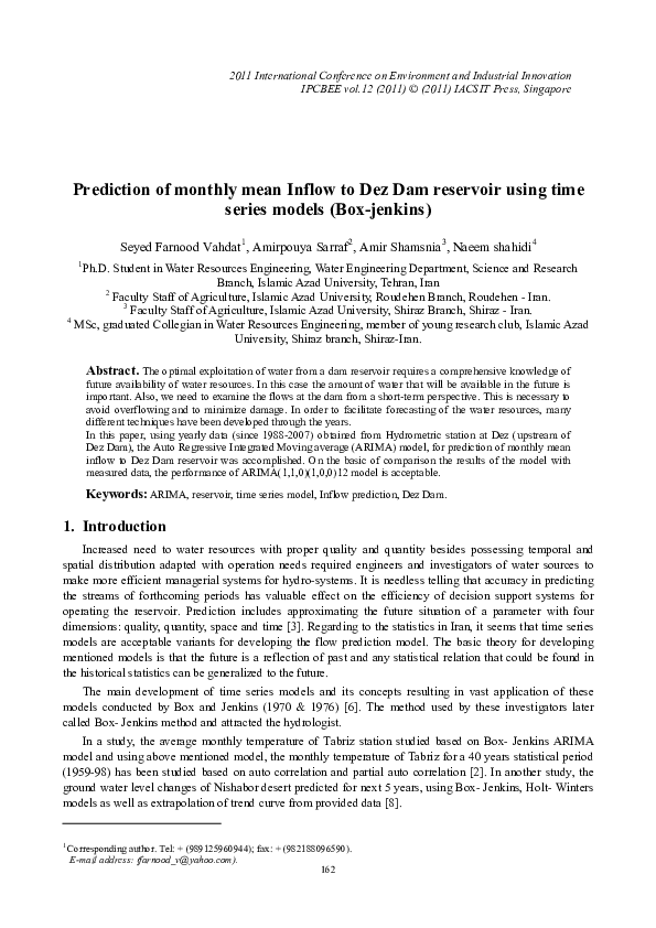 Pdf Prediction Of Monthly Mean Inflow To Dez Dam Reservoir Using Time Series Models Box Jenkins