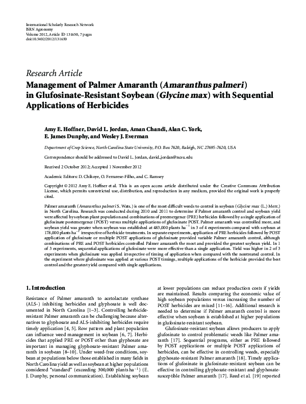 (PDF) Management of Palmer Amaranth (Amaranthus palmeri) in Glufosinate-Resistant Soybean ...