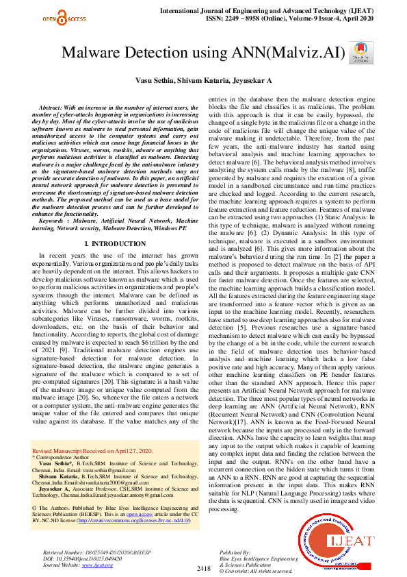 (PDF) Malware Detection using ANN(Malviz.AI)