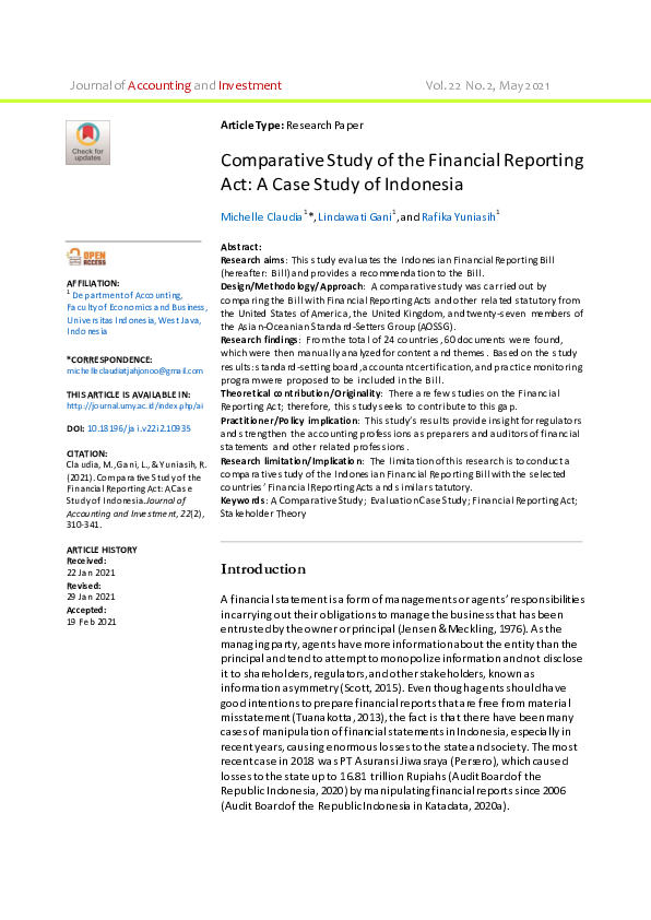 (PDF) Comparative Study of Financial Reporting Act: The Case Study of Indonesia