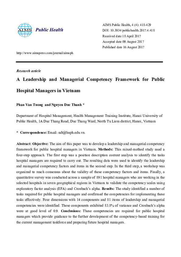 (PDF) A Leadership and Managerial Competency Framework for Public Hospital Managers in Vietnam ...