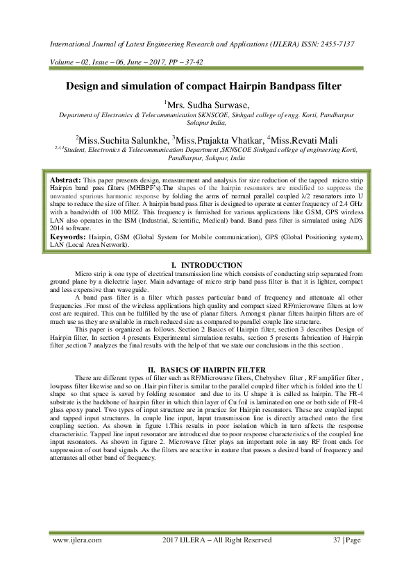 (PDF) Design and simulation of compact hairpin band pass filter