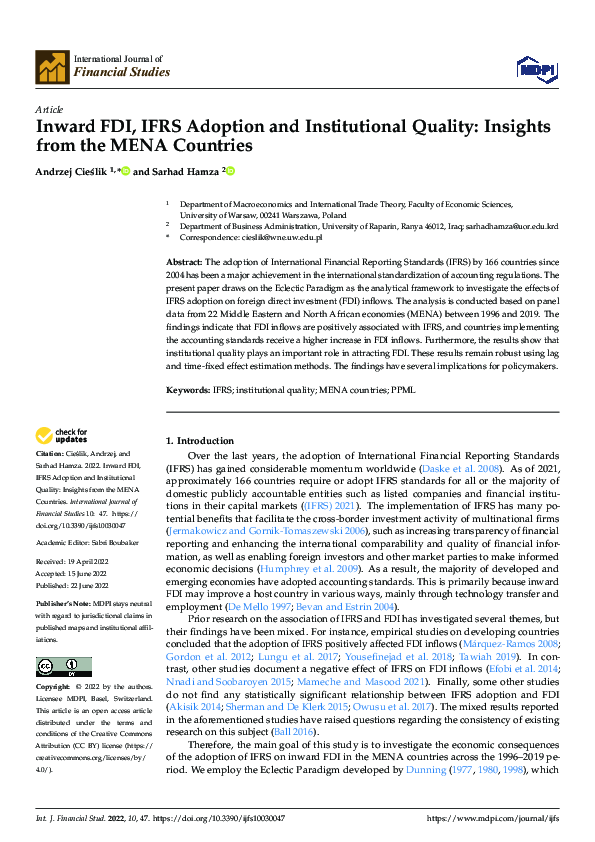 (PDF) Inward FDI, IFRS Adoption and Institutional Quality: Insights ...