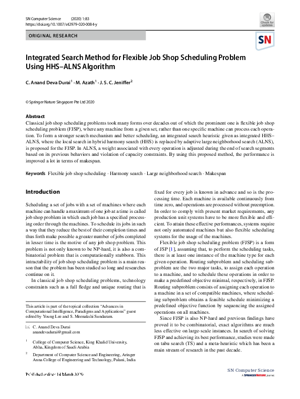Pdf Integrated Search Method For Flexible Job Shop Scheduling Problem Using Hhsalns Algorithm