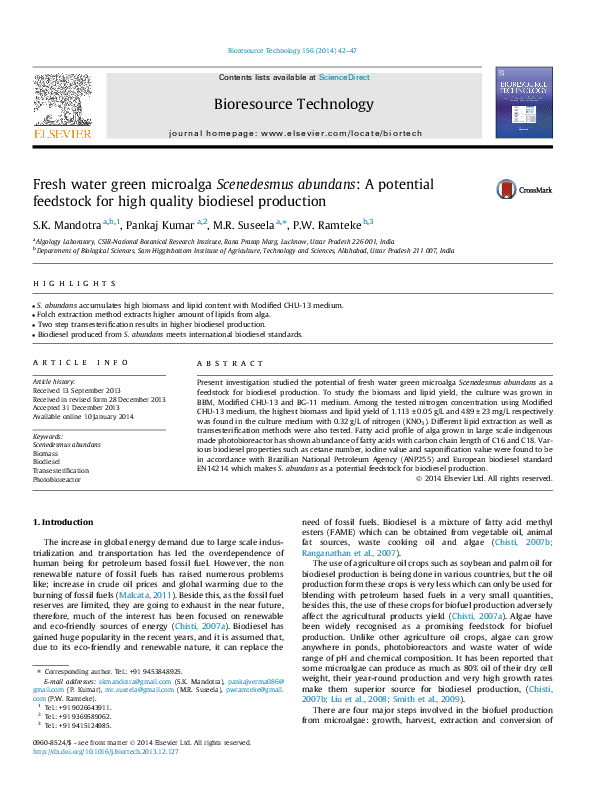 (PDF) Fresh water green microalga Scenedesmus abundans: A potential feedstock for high quality ...