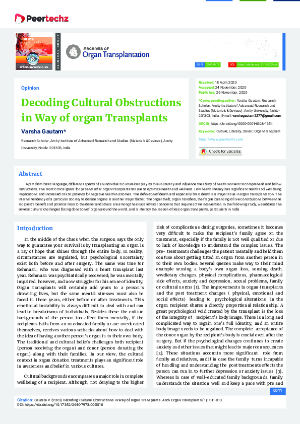 (PDF) Decoding Cultural Obstructions in Way of organ Transplants