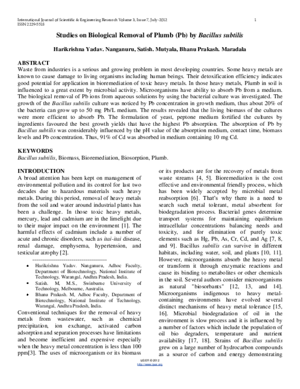 (PDF) Studies on Biological Removal of Plumb (Pb) by Bacillus subtilis