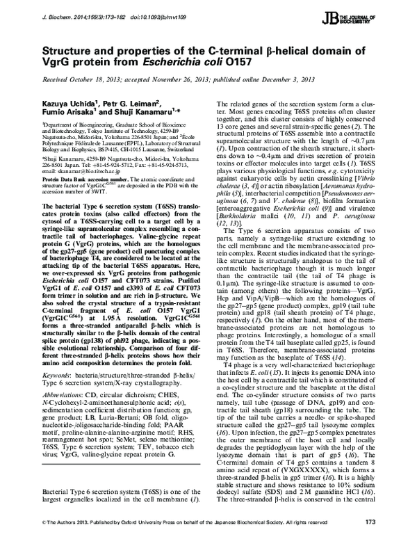 (PDF) Structure and properties of the C-terminal β-helical domain of VgrG protein from ...