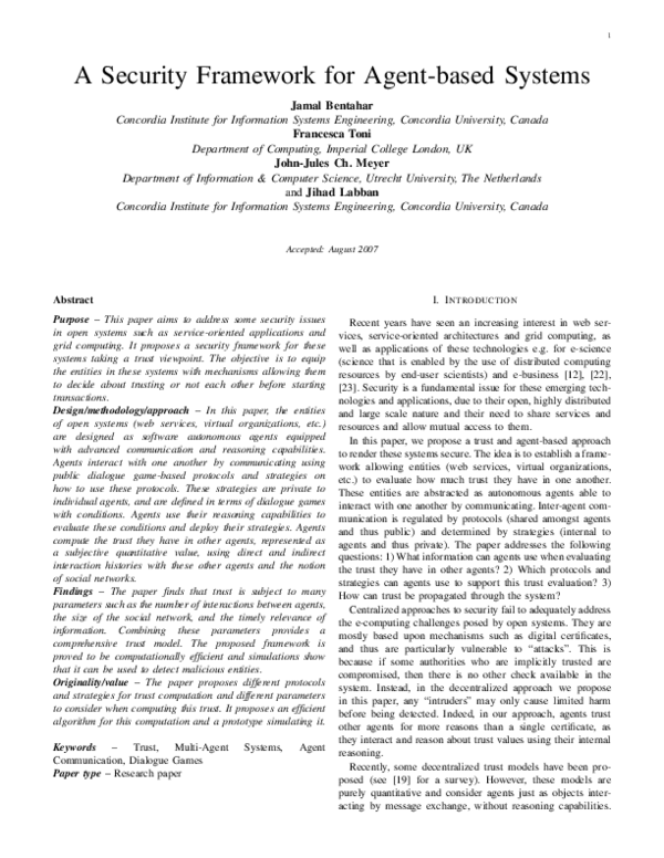 (PDF) A security framework for agent-based systems | Jihad Labban - Academia.edu