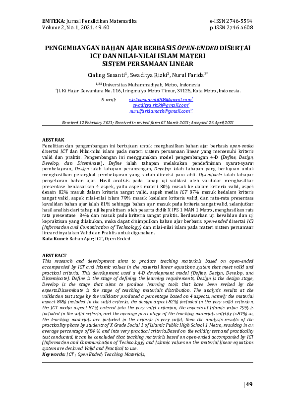(PDF) Pengembangan Bahan Ajar Berbasis Open-Ended Disertai Ict Dan Nilai-Nilai Islam Materi ...