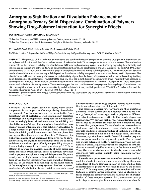 (PDF) Amorphous Stabilization and Dissolution Enhancement of Amorphous ...