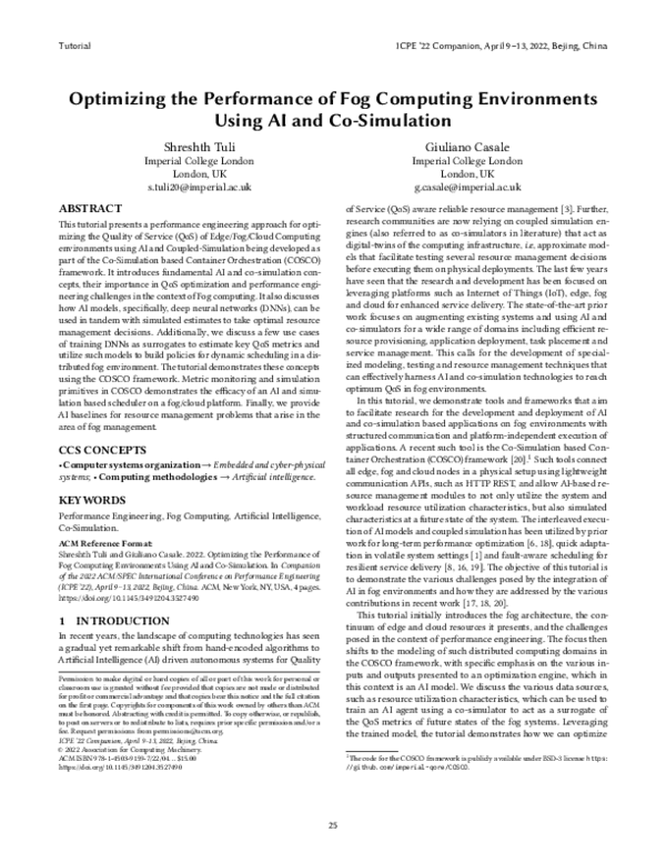 Pdf Optimizing The Performance Of Fog Computing Environments Using Ai And Co Simulation