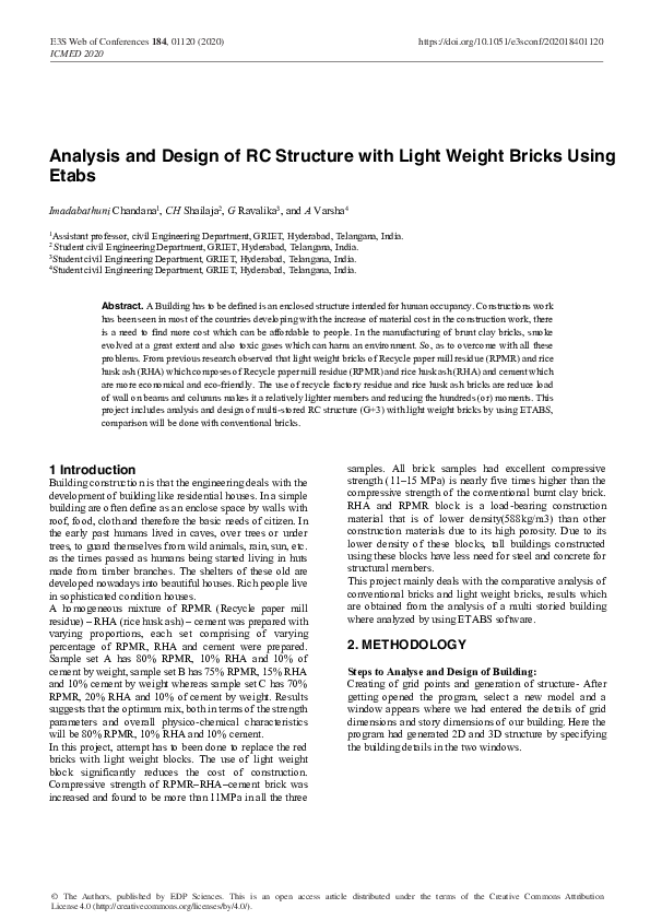 (PDF) Analysis and Design of RC Structure with Light Weight Bricks Using Etabs