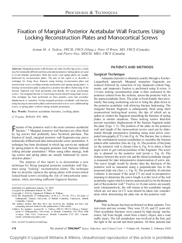 (PDF) Fixation of Marginal Posterior Acetabular Wall Fractures Using ...