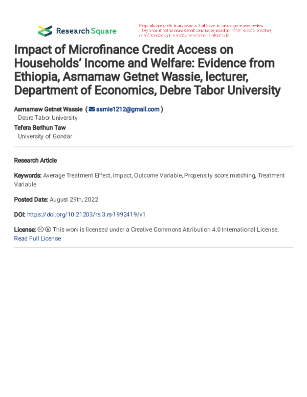 (PDF) Impact of Microfinance Credit Access on Households’ Income and Welfare: Evidence from ...