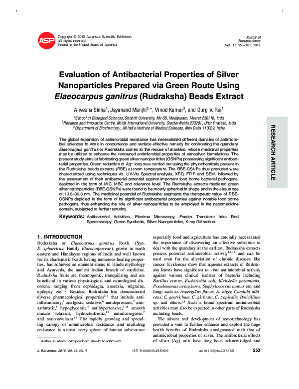 (PDF) Evaluation of Antibacterial Properties of Silver Nanoparticles Prepared via Green Route ...
