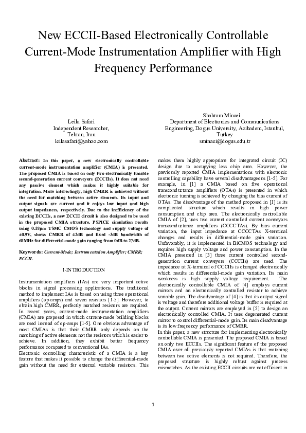 (PDF) New ECCII-based electronically controllable current-mode instrumentation amplifier with ...