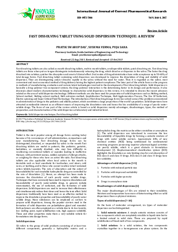 Pdf Fast Dissolving Tablet Using Solid Dispersion Technique A Review Santhosh R Iyer