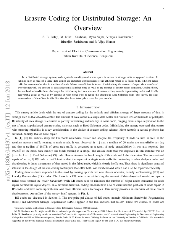 Pdf Erasure Coding For Distributed Storage An Overview