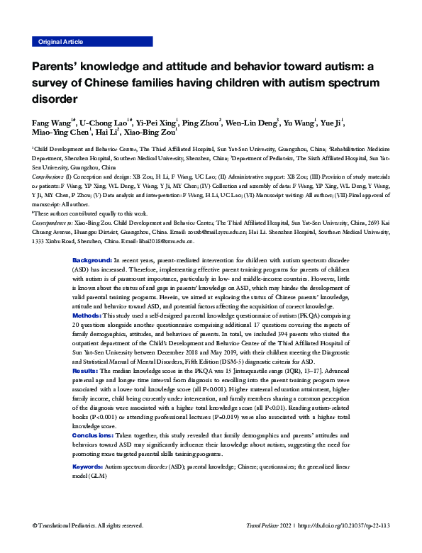 (PDF) Parents’ knowledge and attitude and behavior toward autism: a survey of Chinese families ...