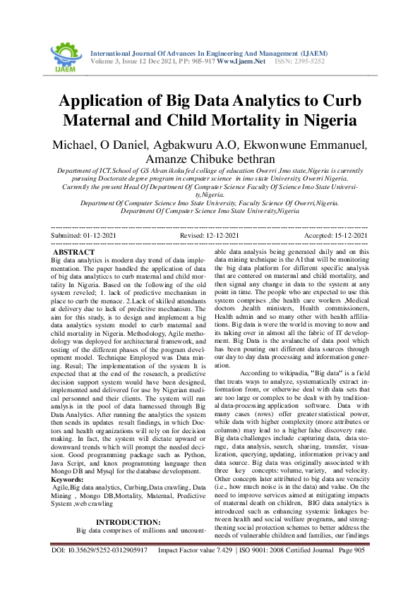 (PDF) Application of Big Data Analytics to Curb Maternal and Child ...