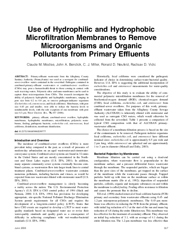 (PDF) Use of Hydrophilic and Hydrophobic Microfiltration Membranes to Remove Microorganisms and ...