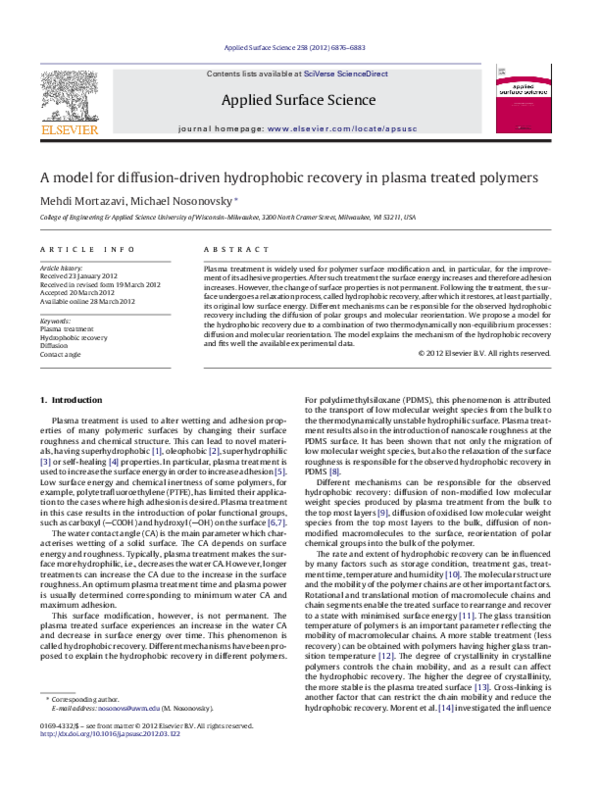 (PDF) A model for diffusion-driven hydrophobic recovery in plasma treated polymers