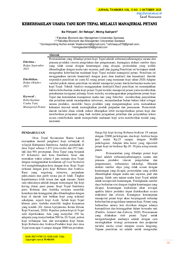 (PDF) Keberhasilan Usaha Tani Kopi Tepal Melalui Manajerial Petani