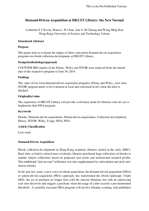 (PDF) Demand-driven acquisition at HKUST library: the new normal