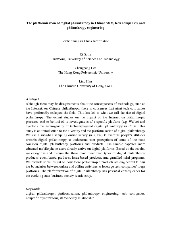 (PDF) The platformization of digital philanthropy in China: State, tech ...